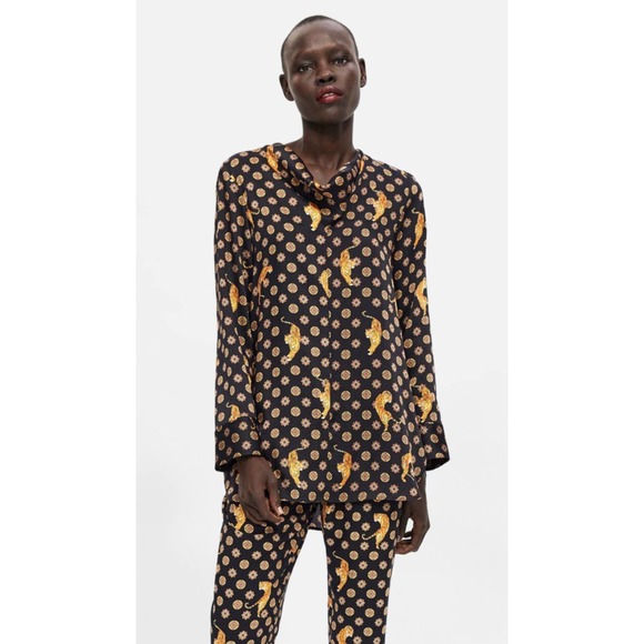 Zara | Tops | Zara Tiger Medallion Print Satin Cowl Neck Blouse | Poshmark
